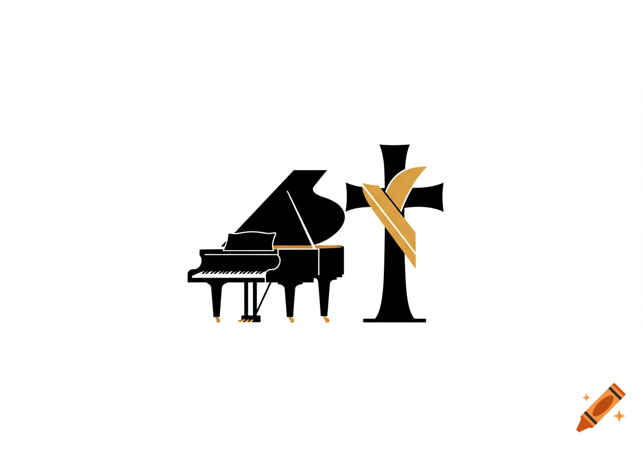 A minimalist black grand piano stands next to a black cross with a gold ...