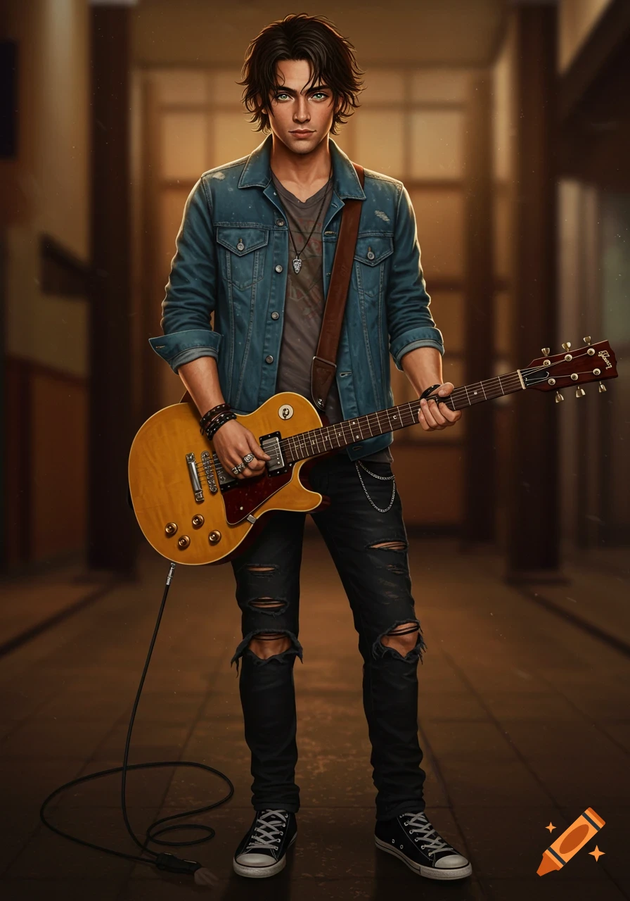 A young man with dark shaggy hair and hazel eyes wears a denim jacket ...