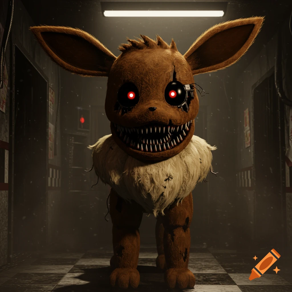 A photorealistic, scary animatronic red fox with glowing red eyes and ...
