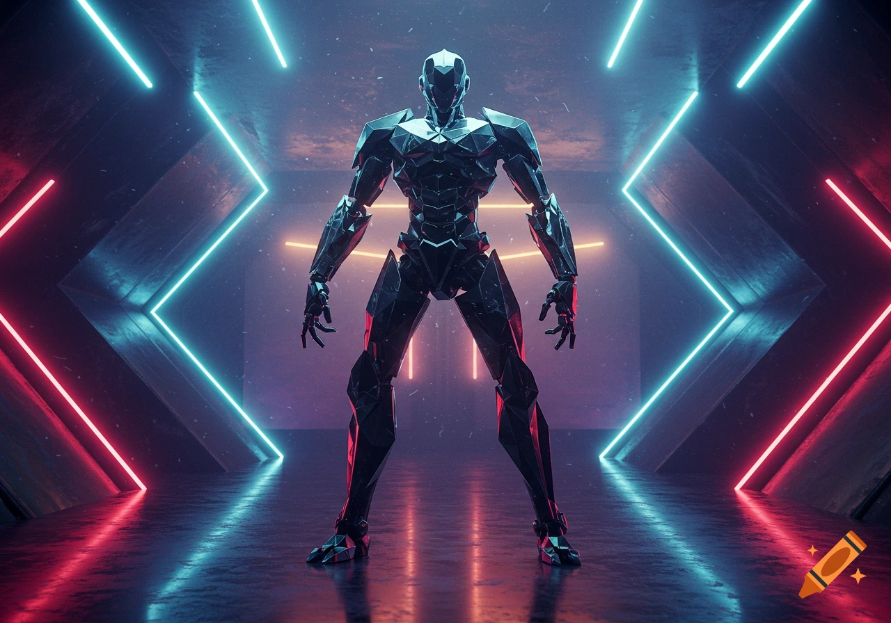 A dark, menacing robot with glowing red eyes stands in a red, cyberpunk ...