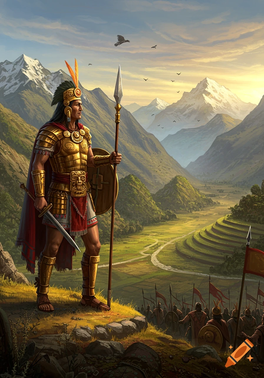 A majestic Incan-style warrior in golden armor stands on a cliff ...
