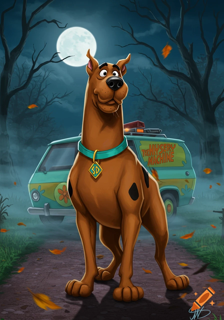 Stylized illustration of Scooby Doo standing in front of the Mystery ...