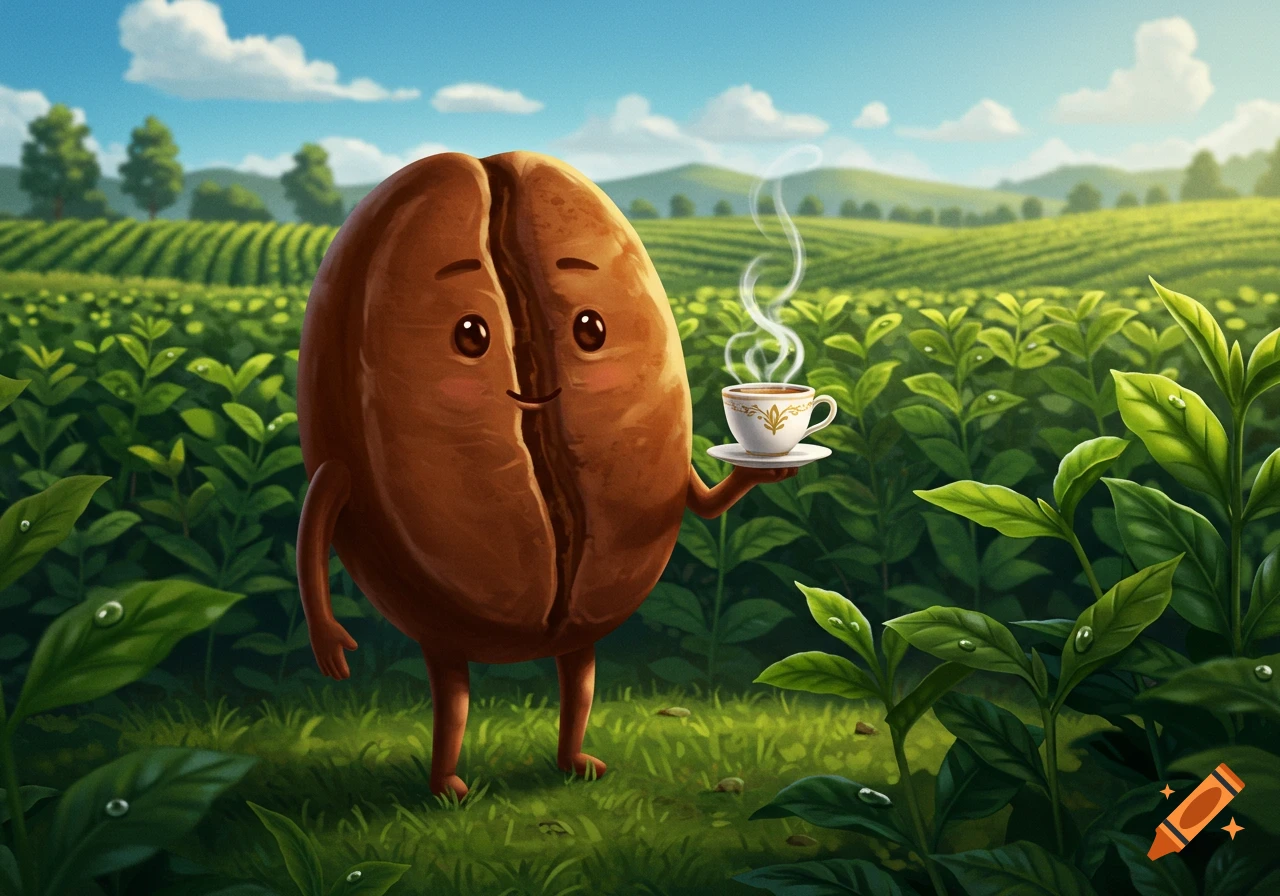 A cute cartoon anthropomorphic coffee bean stands in a lush green ...