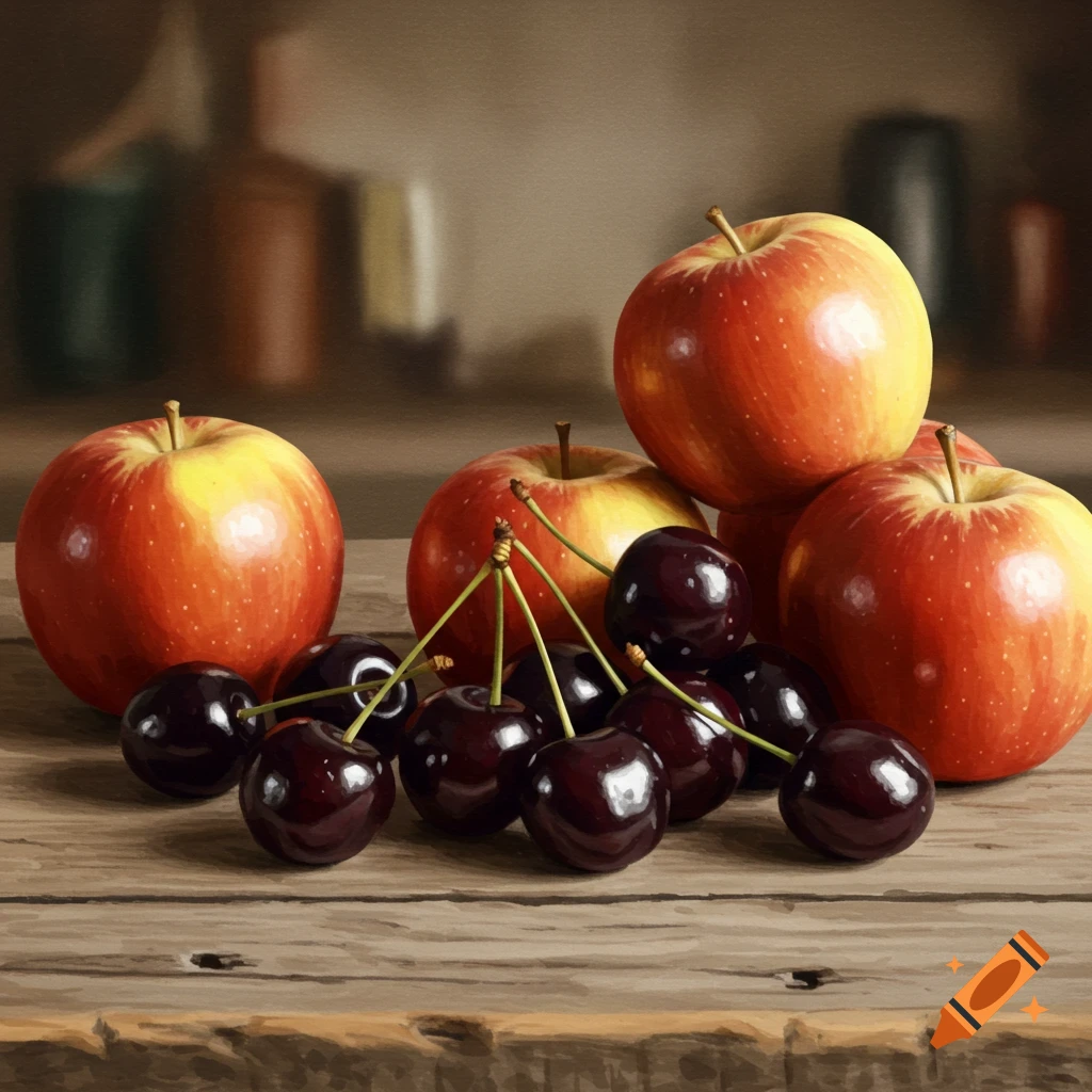 A still life painting of red and yellow apples and dark red cherries on ...