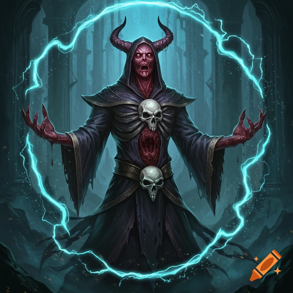 A horned skeletal being in a dark robe with skull emblems, surrounded ...