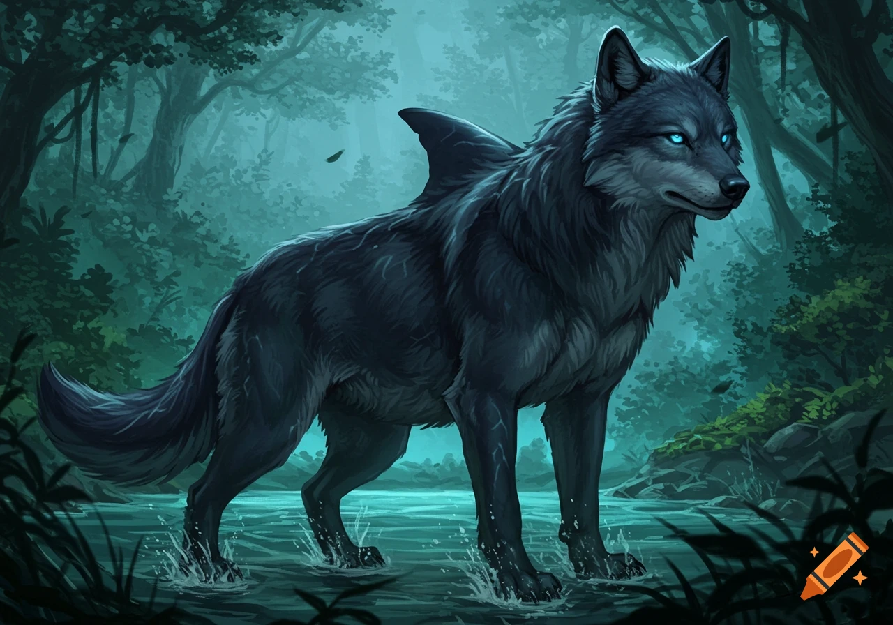 A dark grey wolf with glowing blue eyes and a shark fin on its back ...
