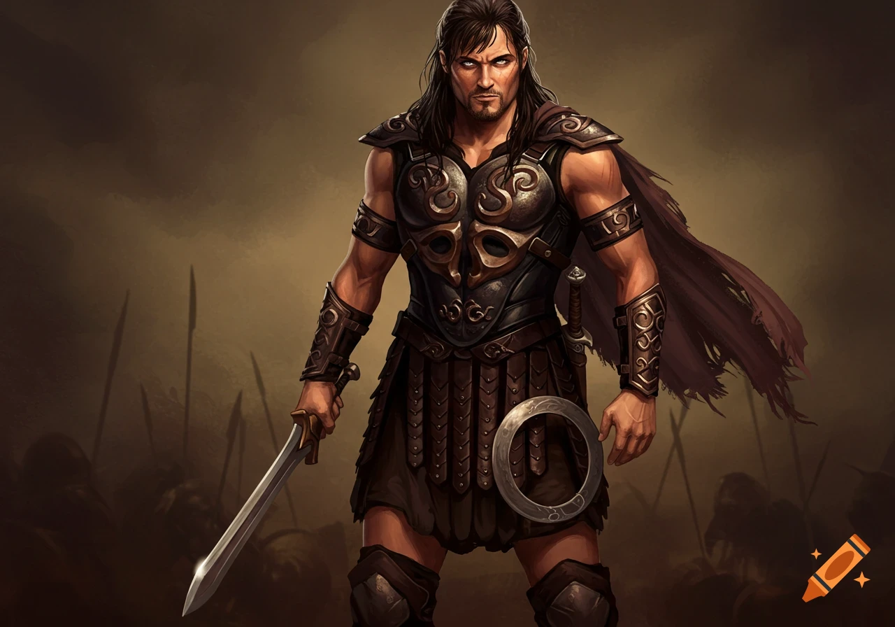 A male warrior with long dark hair and battle armor holds a sword and a ...