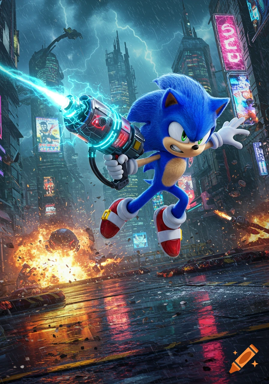 Sonic the Hedgehog and a winged duck character clash above a city at ...