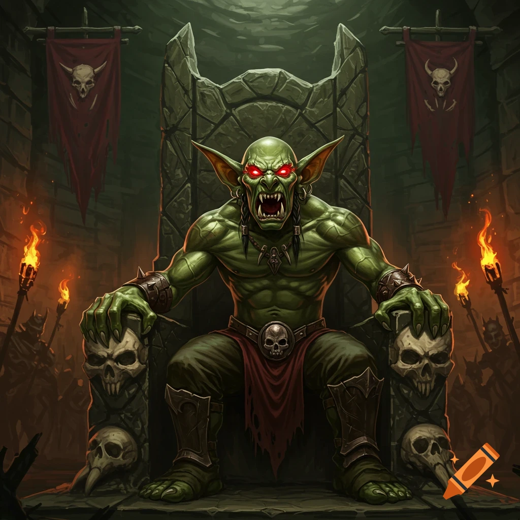 A fierce green goblin king with glowing red eyes and bared fangs sits ...