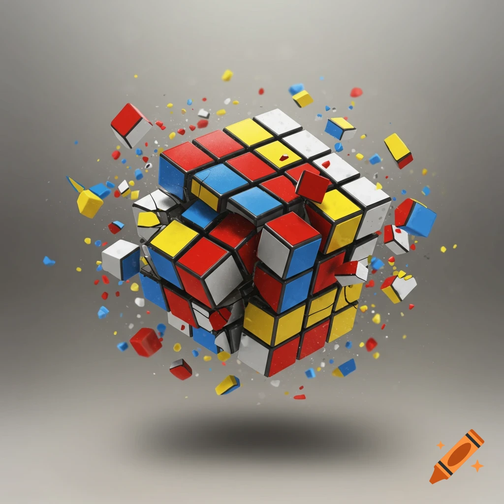 A colorful Rubik's Cube exploding, with its red, blue, yellow, and white pieces scattering ...