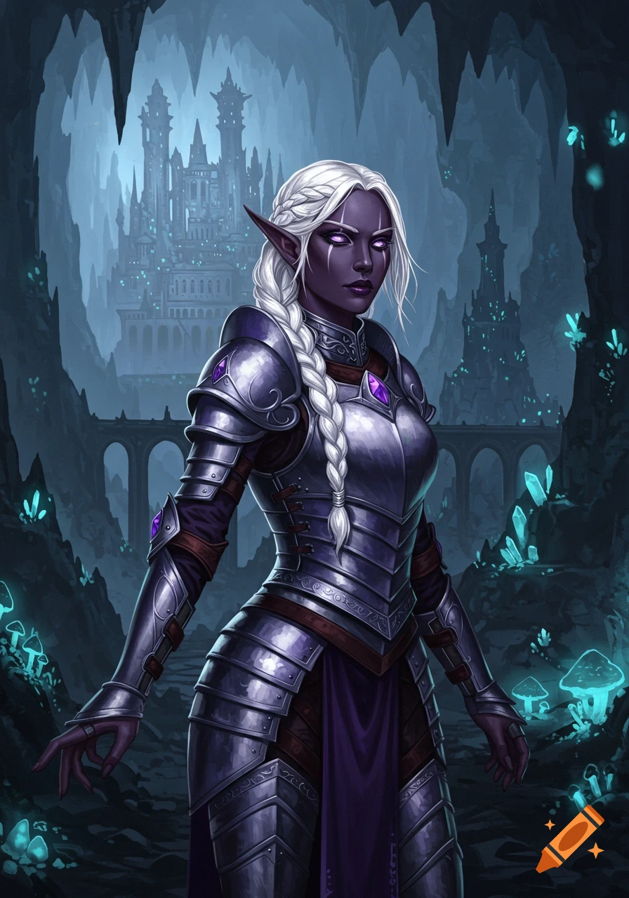 A Drow female in silver armor with purple accents and white braided ...