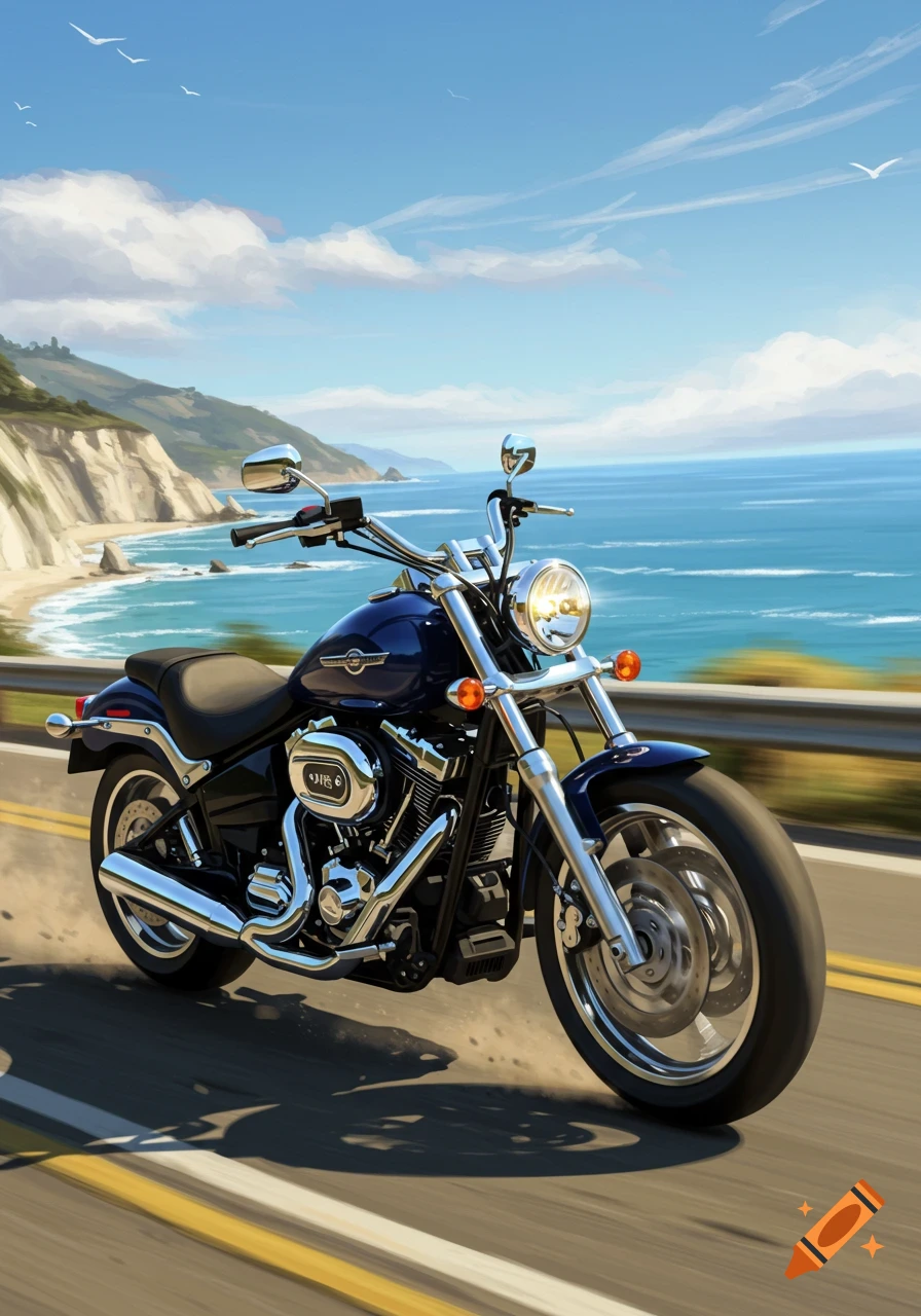 Two men ride a blue Honda Goldwing motorcycle on a scenic coastal ...