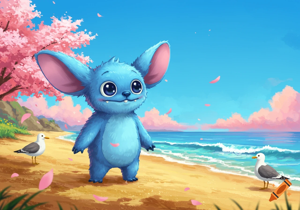 A cute blue creature with large ears stands on a sandy beach with ...
