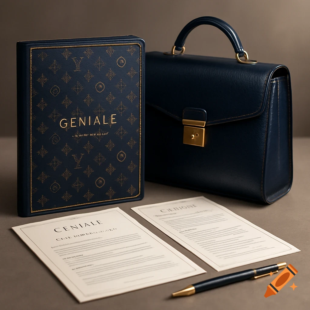 A navy blue notebook with gold 'GENIALE' text and a matching briefcase ...