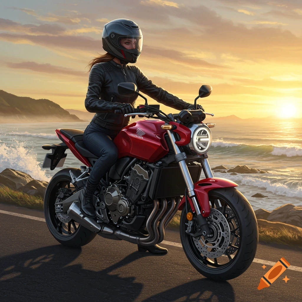 A woman in a black helmet and leather gear rides a red Honda motorcycle ...