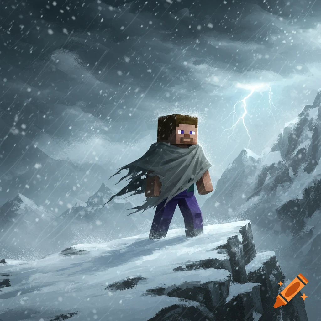 Minecraft Steve stands on a snowy mountain peak during a blizzard with ...