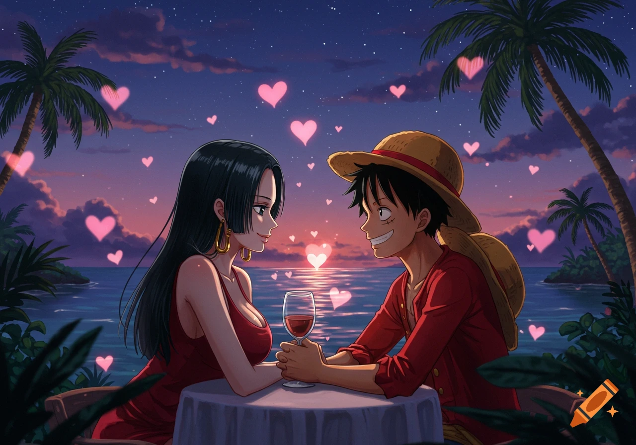 Anime characters Luffy and Hancock embrace on a beach at sunset with ...