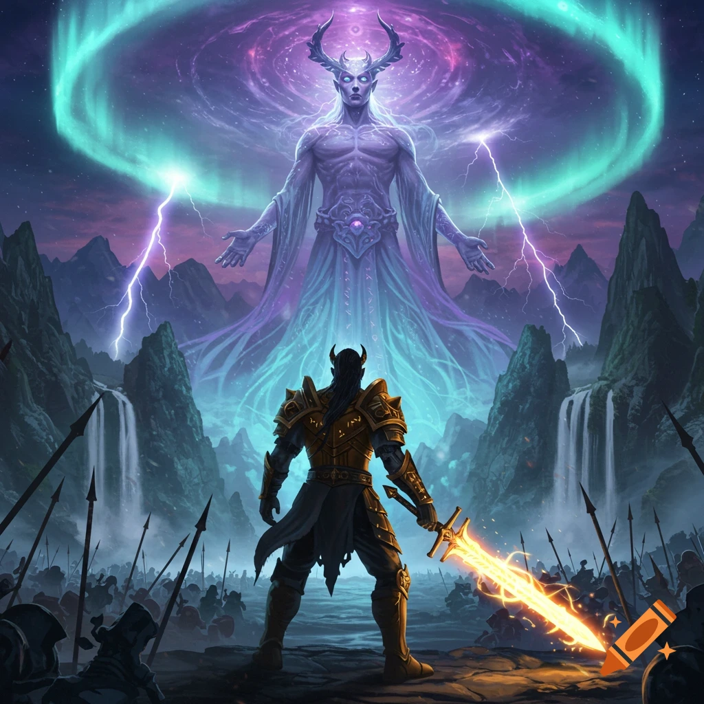 A dark armored knight with horned helmet and spiky pauldrons holds a ...