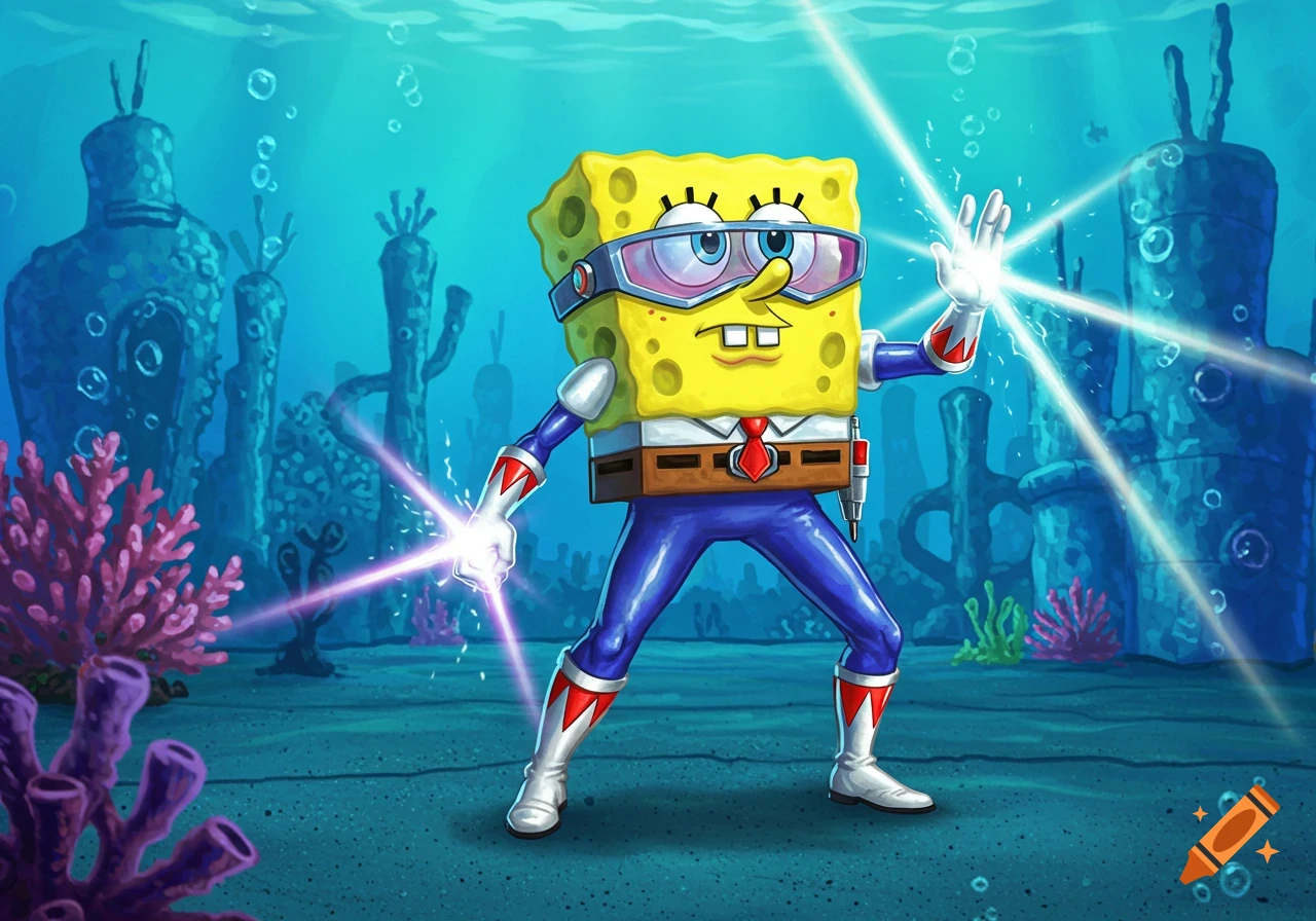 Photorealistic 3D render of a rugged, dirty SpongeBob SquarePants with ...