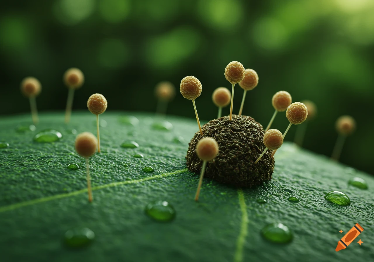 Close-up of small, round, light brown spores on stalks emerging from a ...