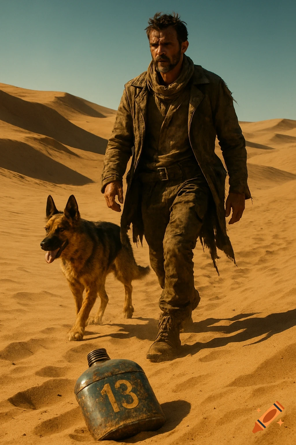A man and a German Shepherd dog walk through a sunny desert landscape ...