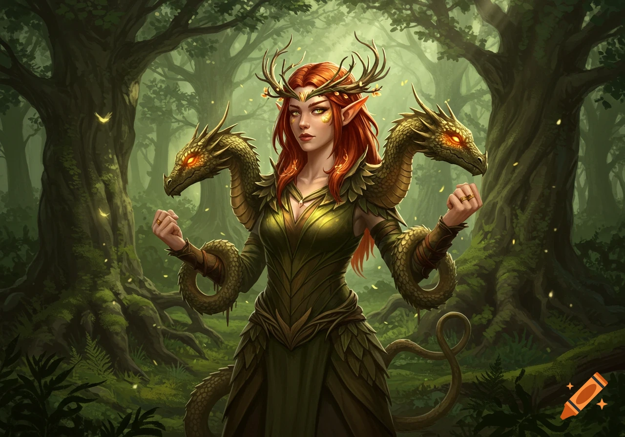 Digital painting of a red-haired woodland elf with antler crown and two ...