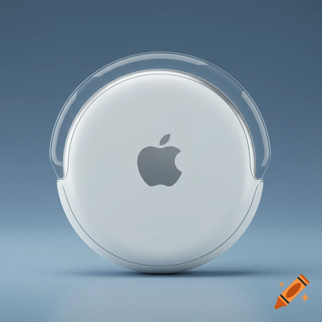 A photorealistic rendering of a white, round Apple AirTag concept with ...