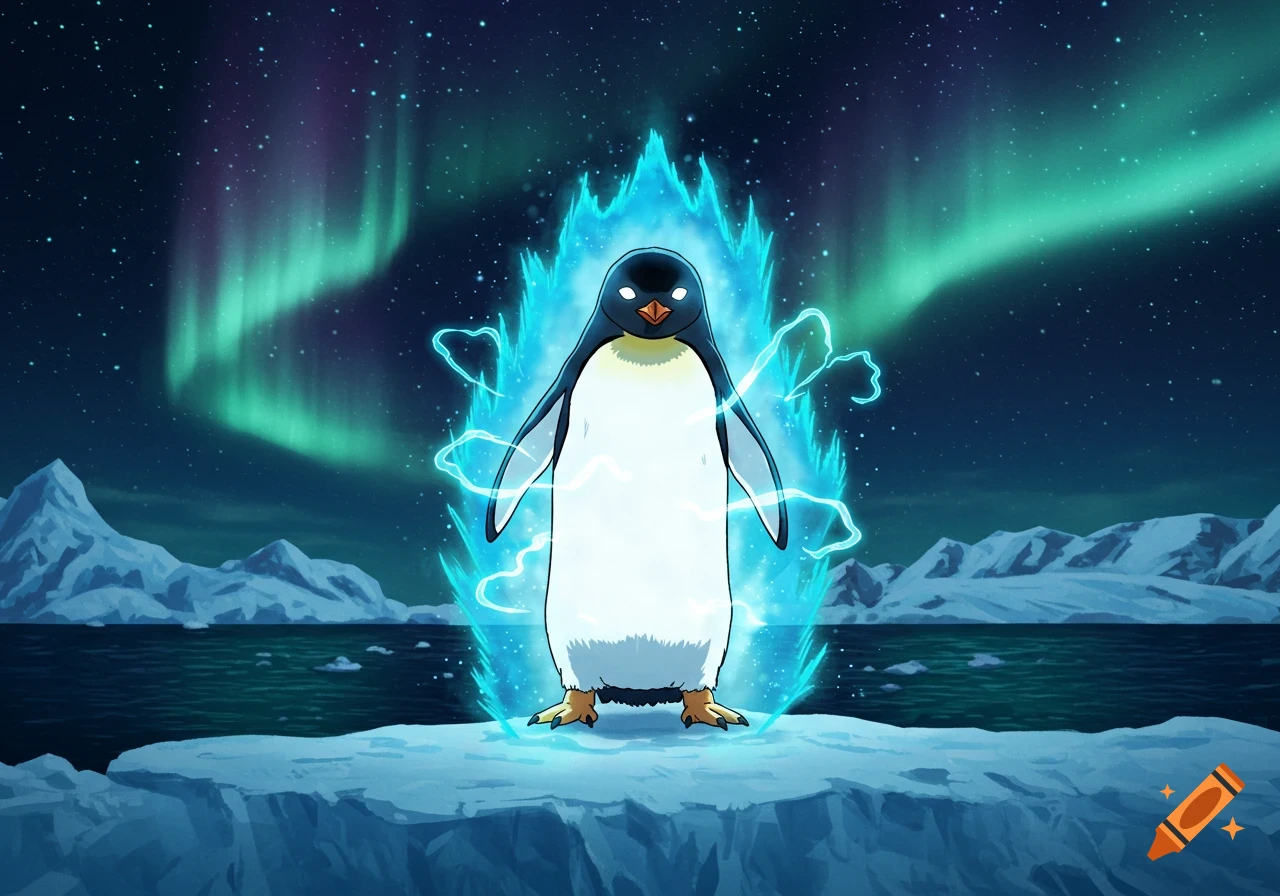 A confident penguin superhero in a blue cape and silver mask stands on ...