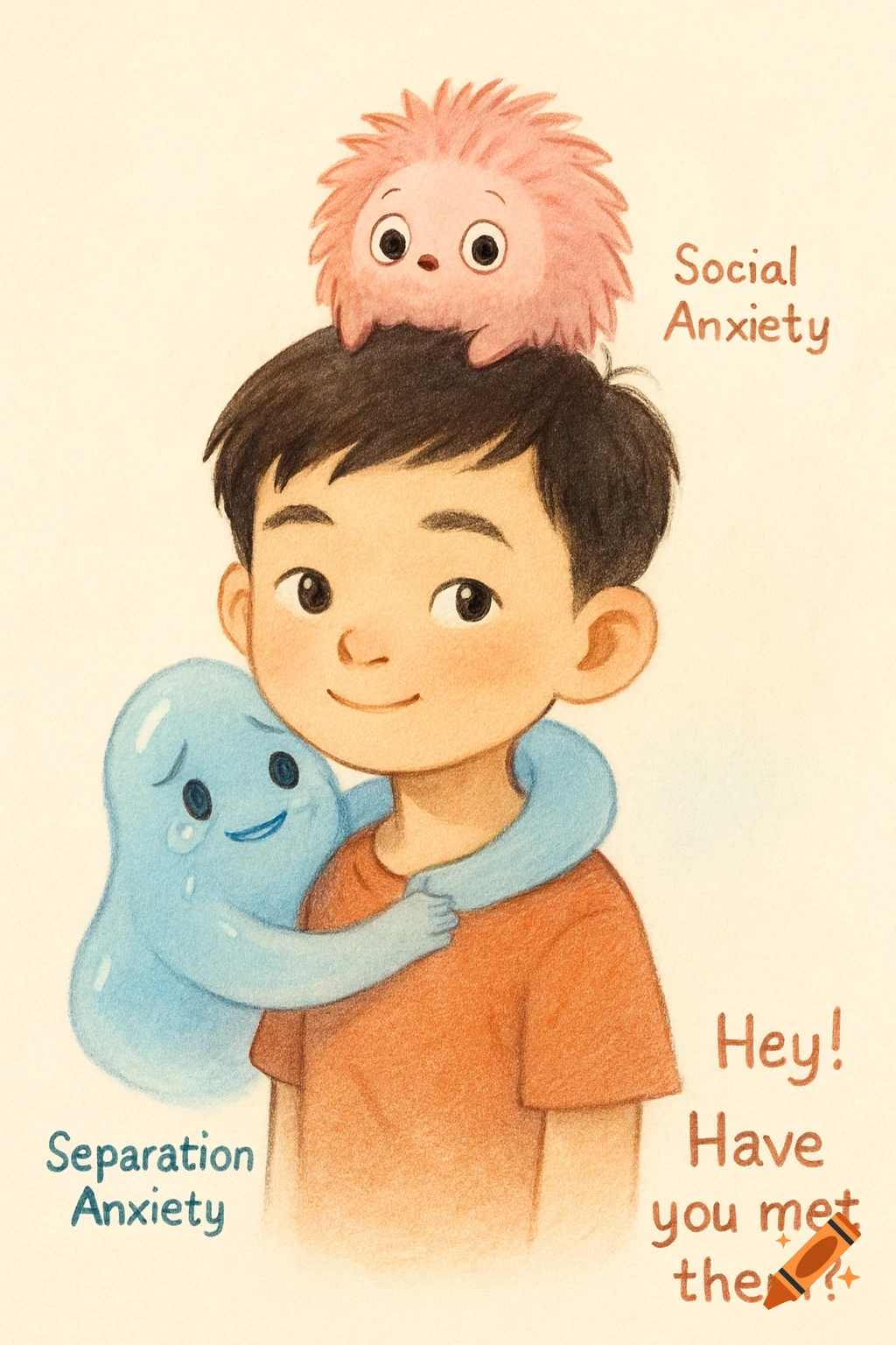 A children's illustration of a boy with a pink fluffy 'Social Anxiety ...