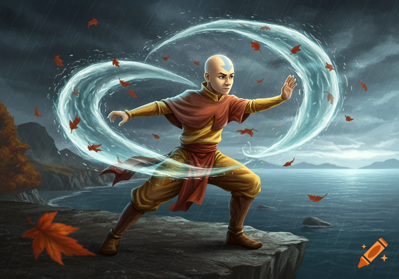 Aang, a bald boy with an arrow tattoo, bends water and leaves on a ...