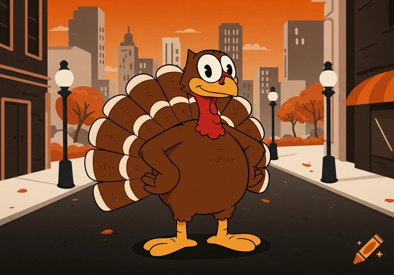 A cartoon turkey with fanned tail feathers runs a race past cheering ...