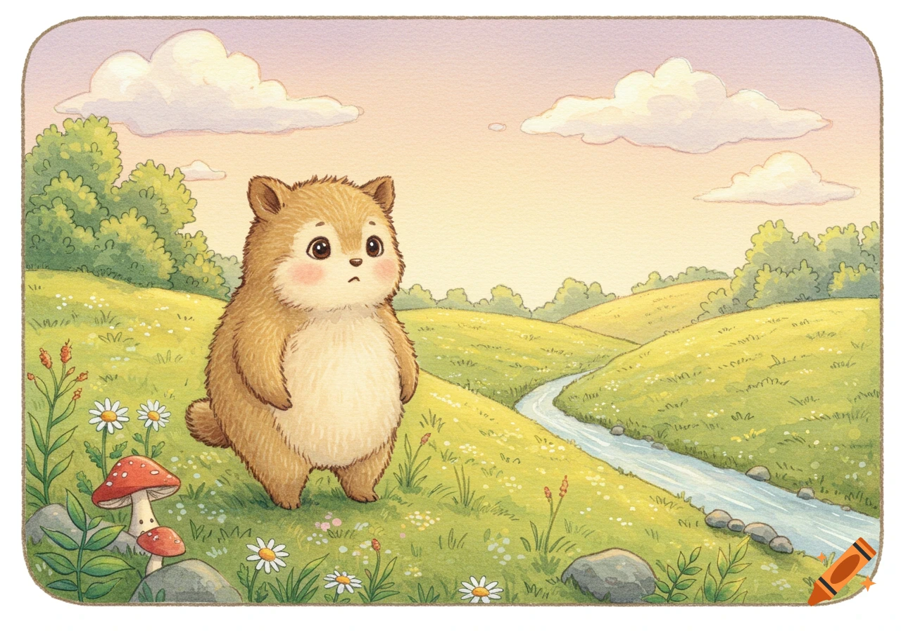 A cute, furry brown creature with big eyes stands in a vibrant green meadow with a winding ...