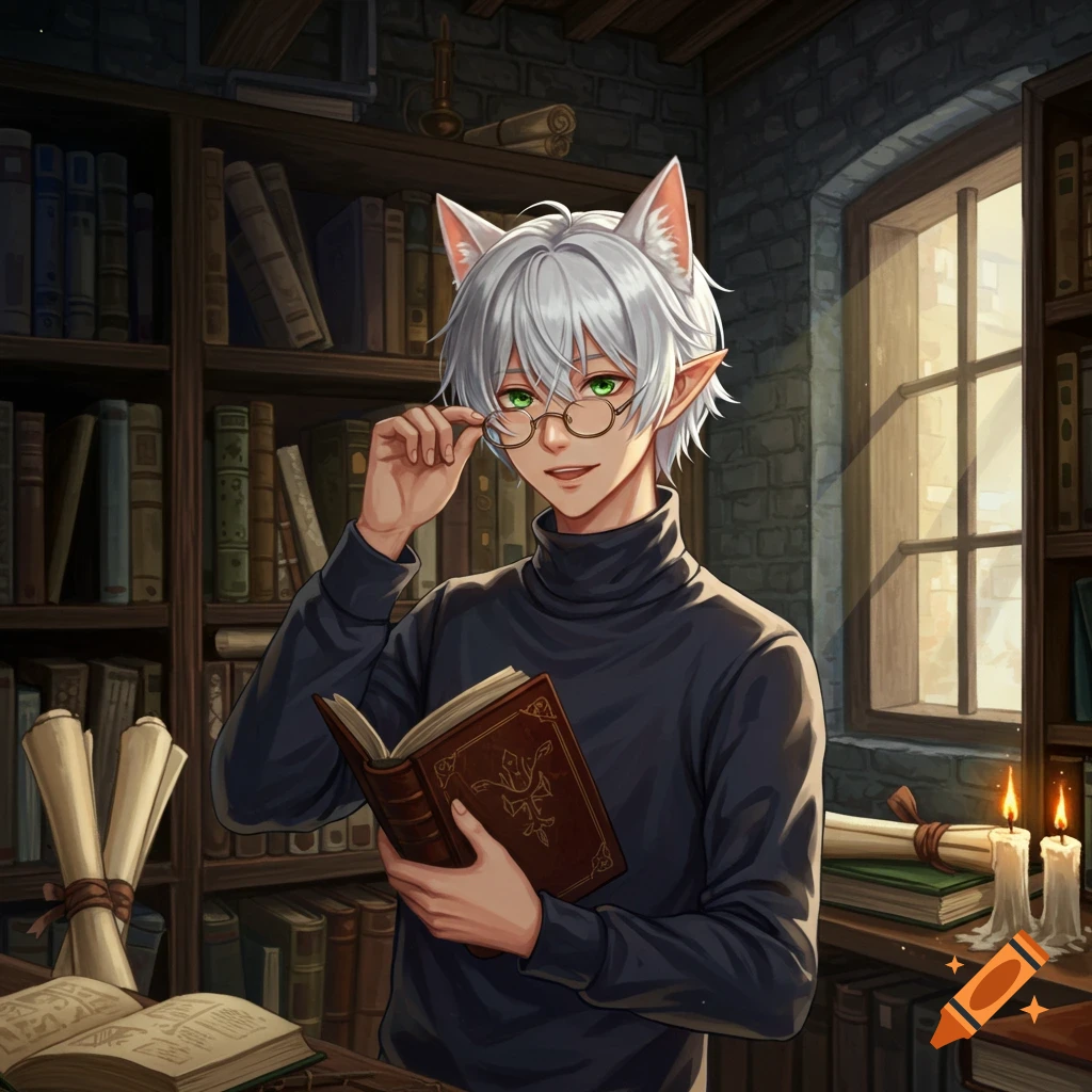 Anime character with long white hair, glasses, and a blue robe ...