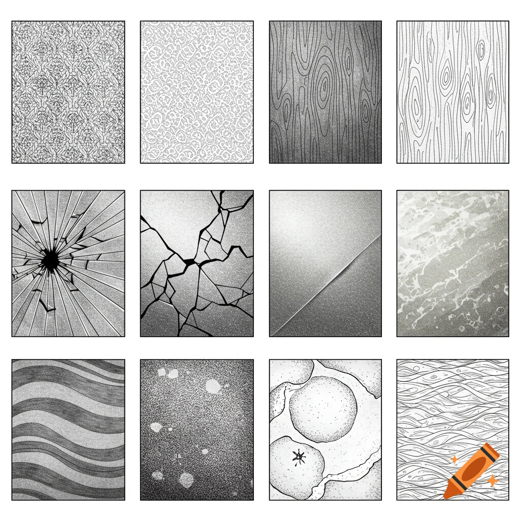 A grid of 12 black and white line art panels, each showcasing a ...