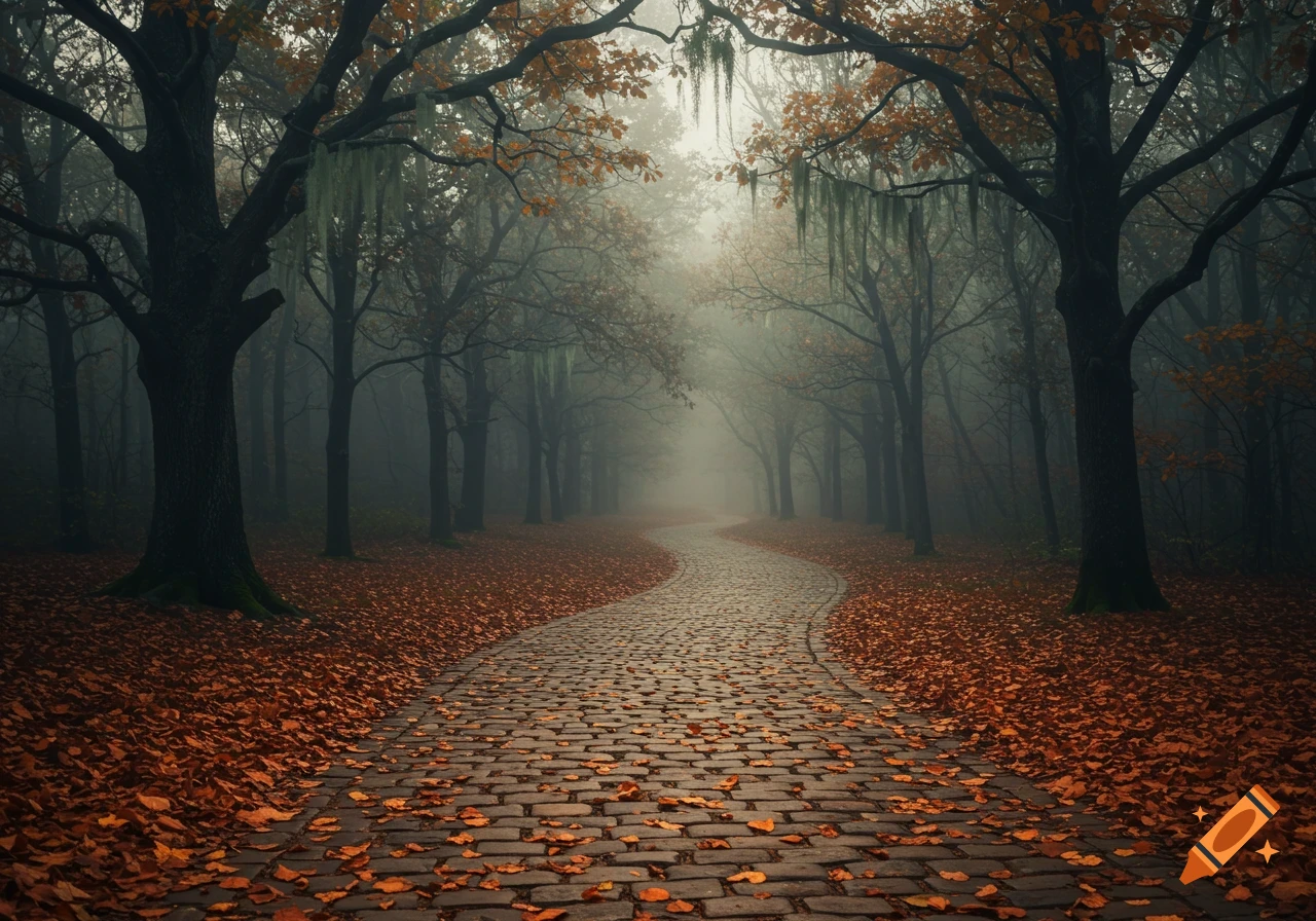 A cobblestone path winds through a foggy autumn forest, covered in ...