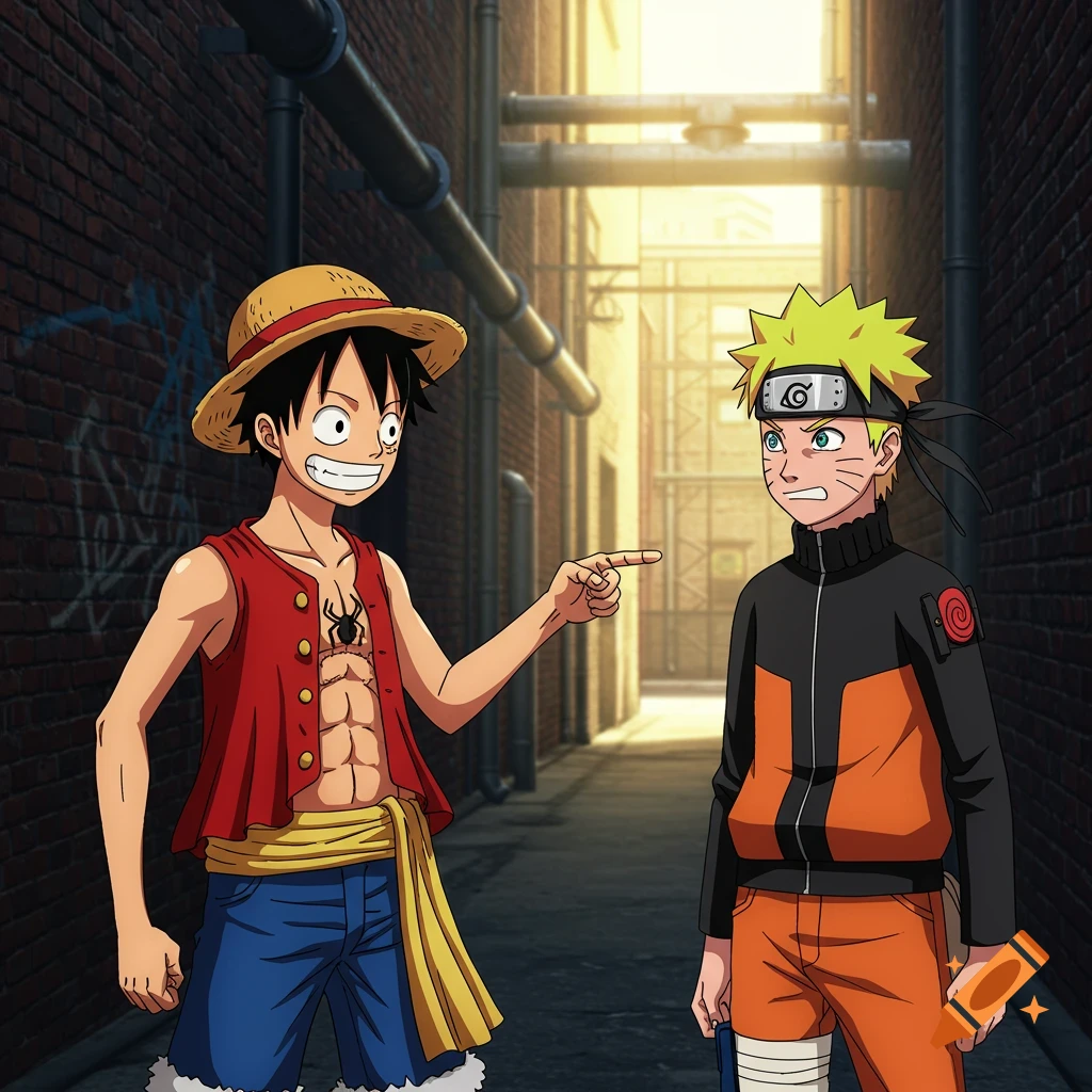Luffy from One Piece and Naruto from Naruto standing in an alley, both ...