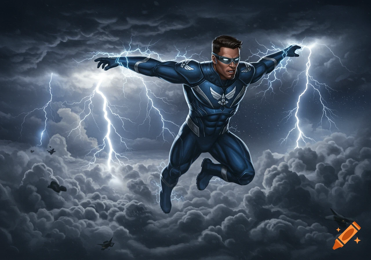 A superhero in a blue suit flies through a stormy sky, creating ...