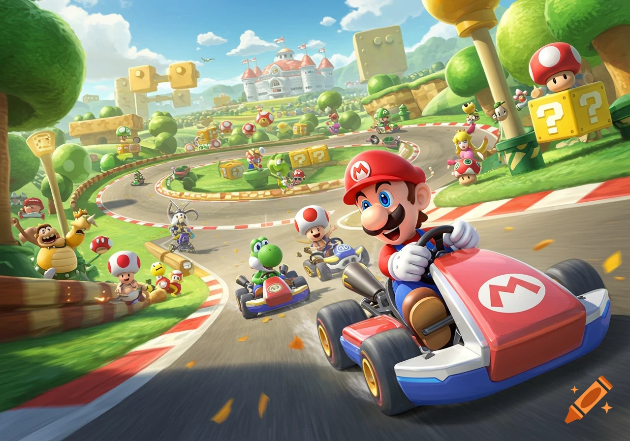 A red and white Mario Kart stands on a yellow racetrack, surrounded by ...