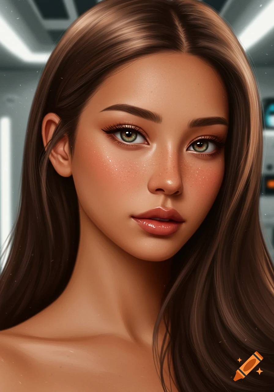 Digital painting of a woman with long brown hair, green eyes, freckles, and glossy lips, looking ...