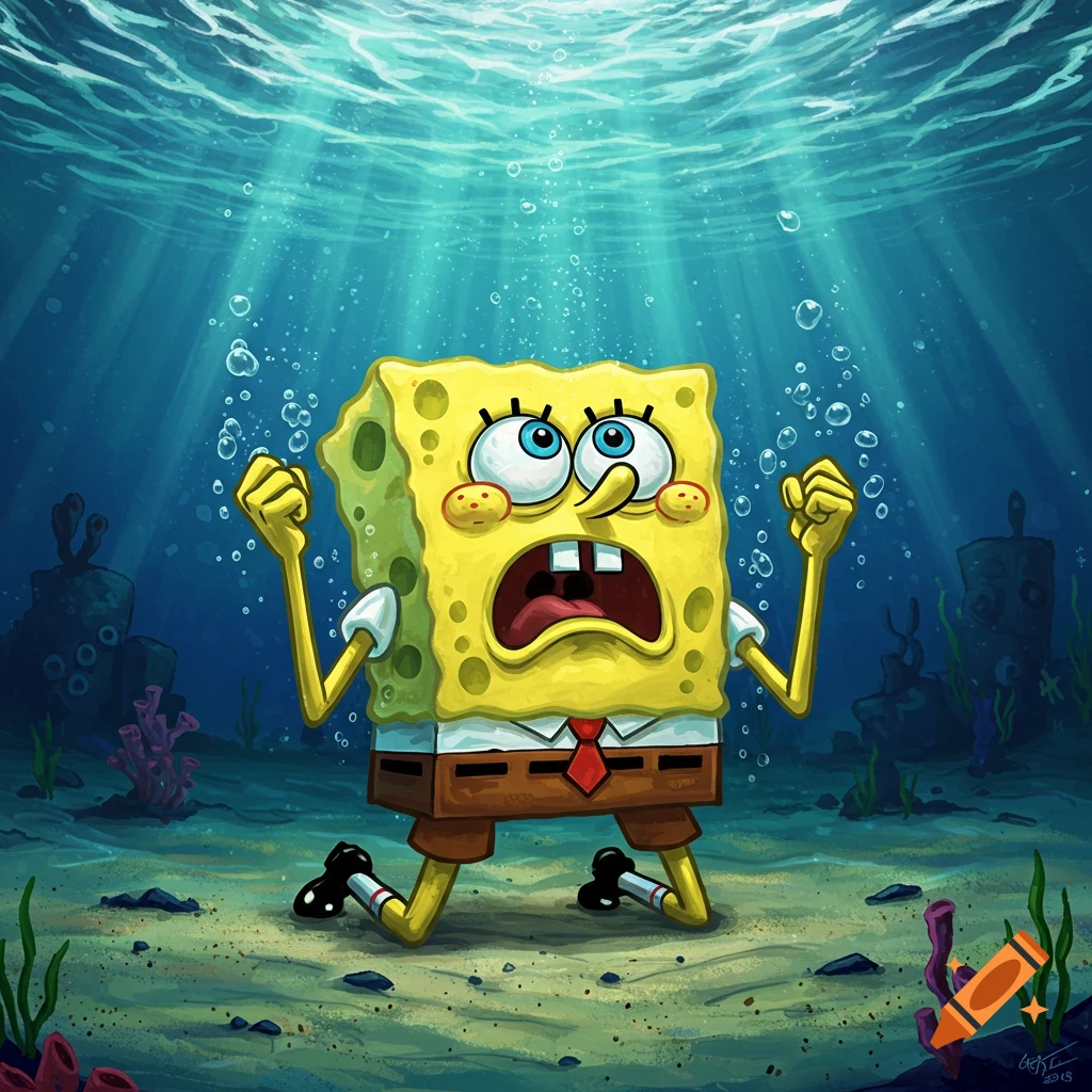 Squidward Tentacles with a grumpy expression, standing underwater among ...