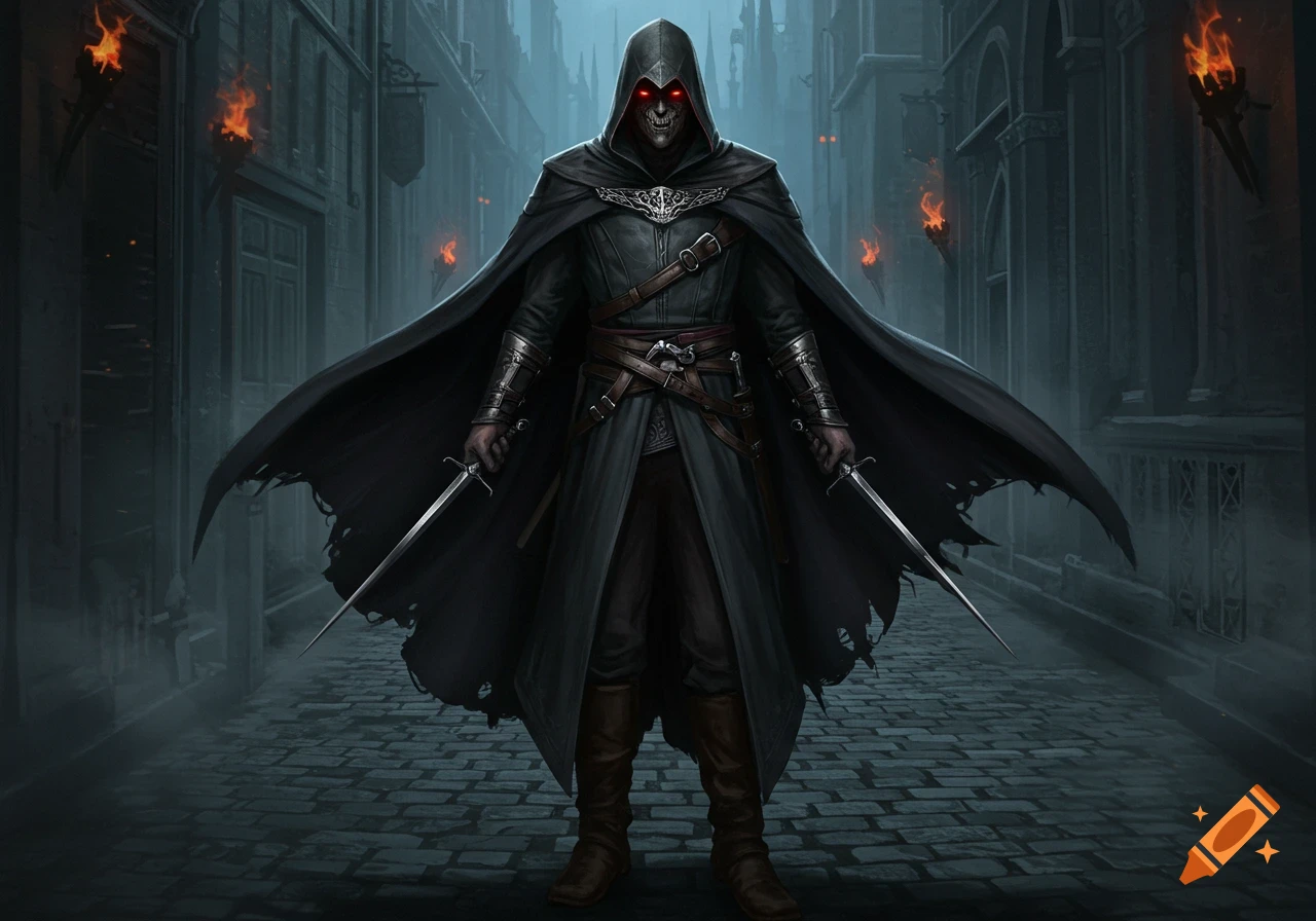 A red-skinned tiefling assassin with horns and a tail walks through a ...