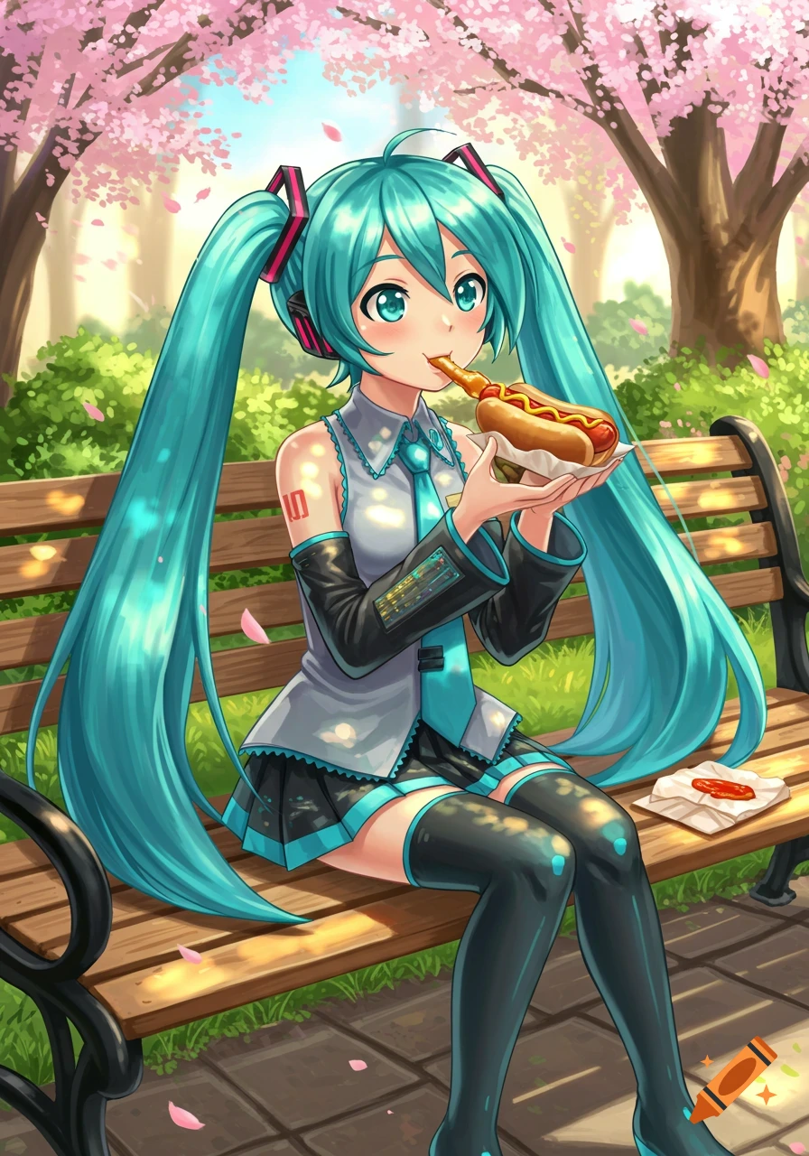 Chibi Kaito from Vocaloid happily sitting on a park bench, eating mochi ...