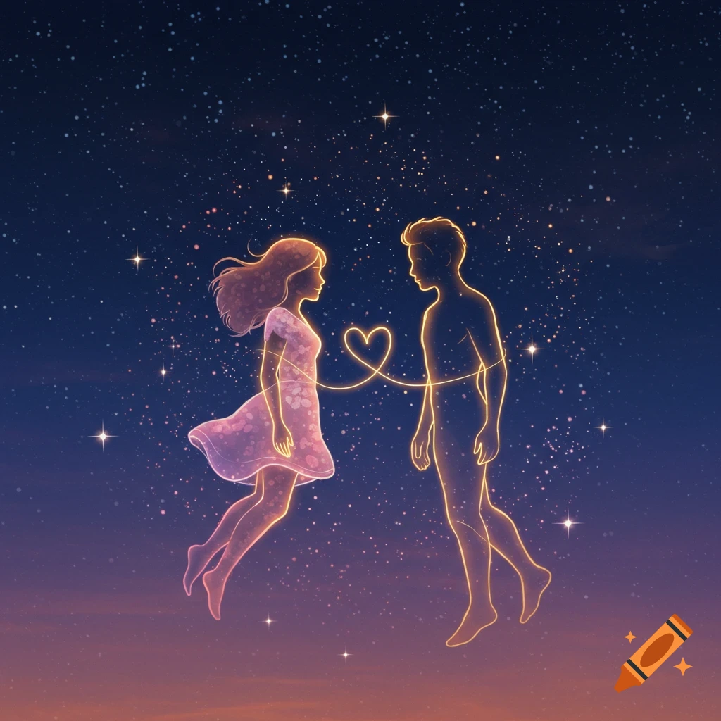 Two glowing silhouettes, a man and a woman, float in a starry night sky ...