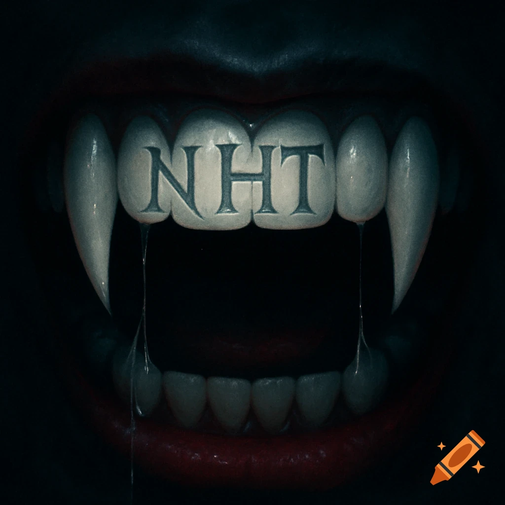 Close-up of a vampire's open mouth with fangs, showing 'NHT' engraved ...