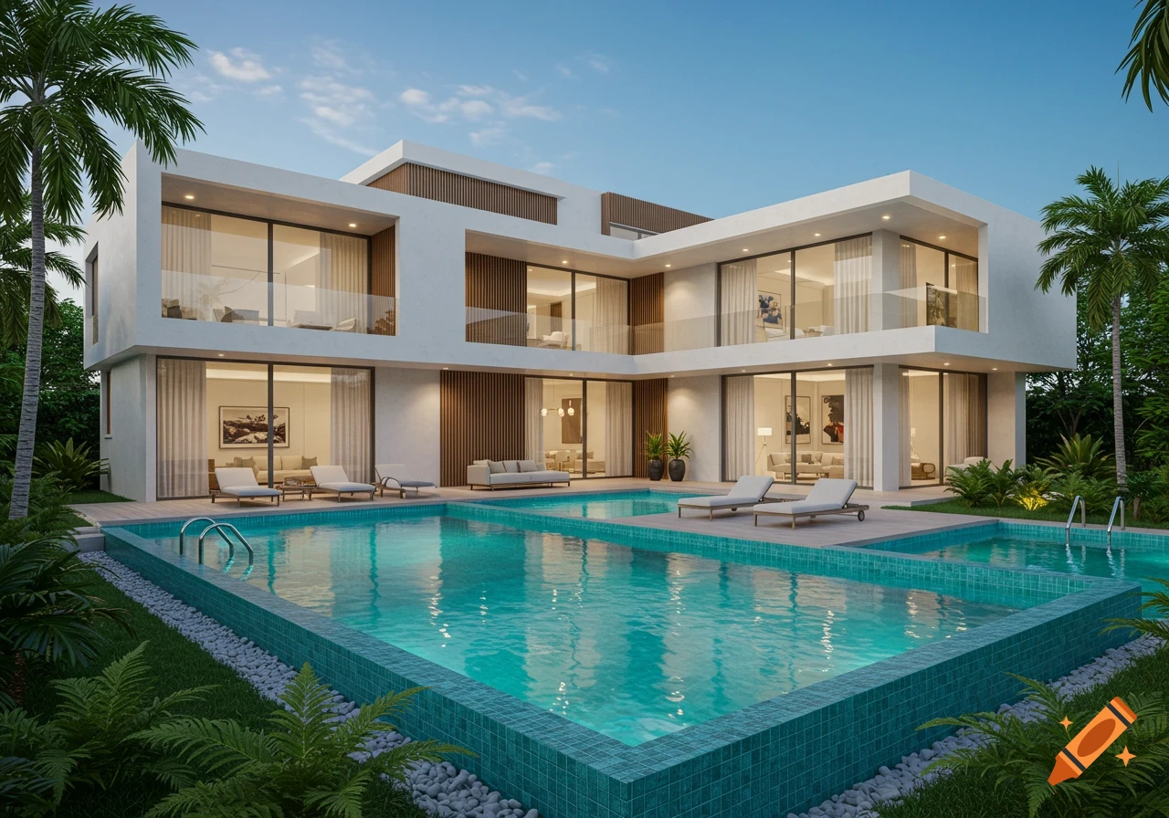 Photorealistic modern mansion with glowing interiors, a long pool, and palm trees at sunset. on ...