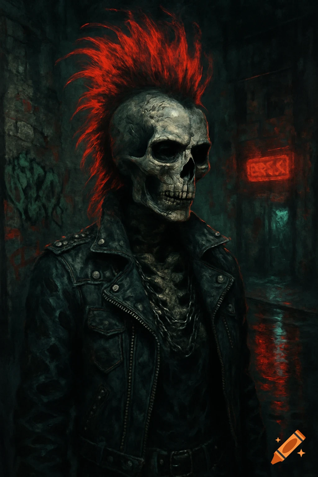 A detailed dark portrait of a punk skeleton with a bright red mohawk ...