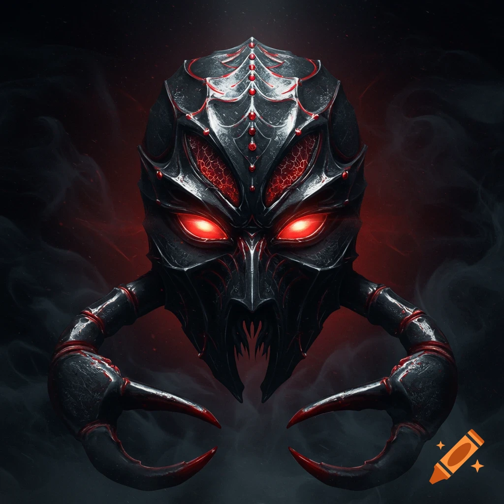 A dark, stylized demon mask with glowing red eyes and sharp red crystal ...