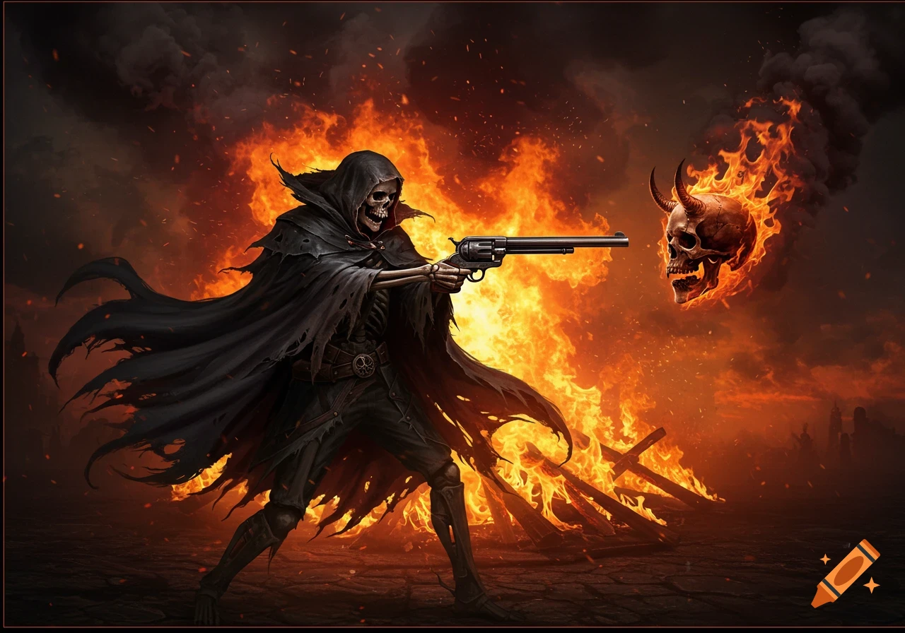 A skeletal figure in a tattered black cloak aims a revolver at a ...