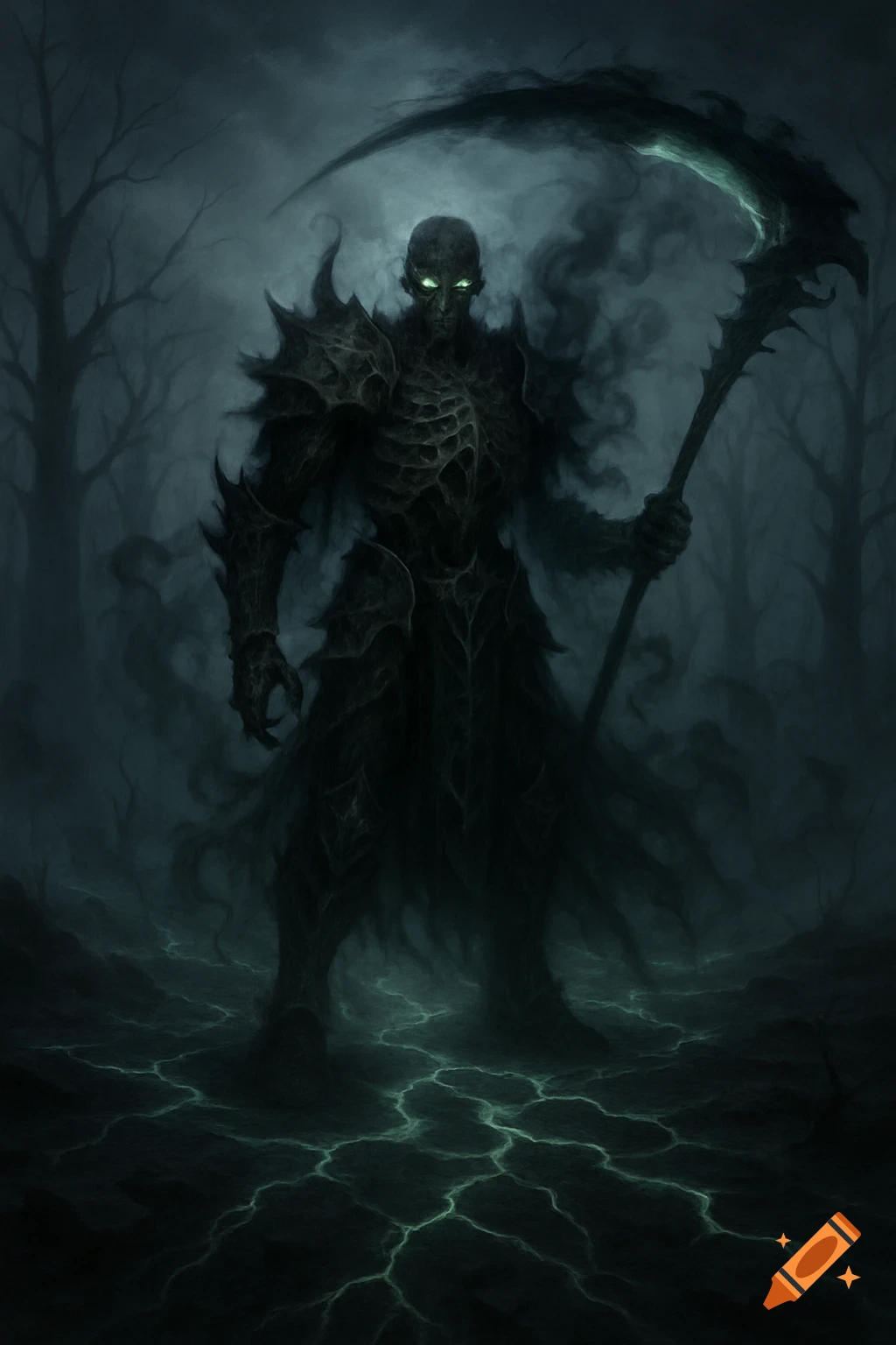 Skeleton figure in dark robes holds a glowing orb with symbols. on Craiyon