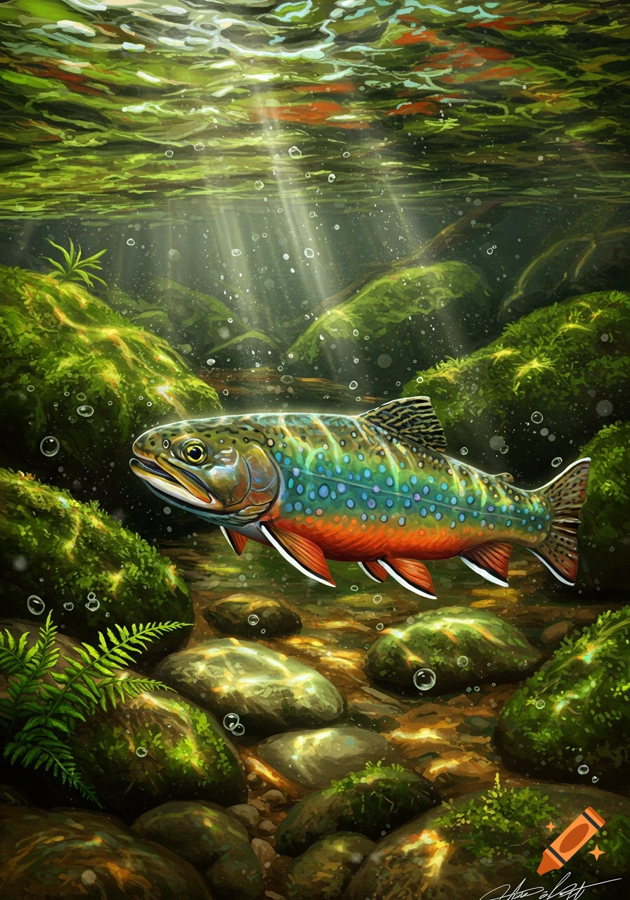 A colorful brook trout swims through clear water with sun rays beaming ...